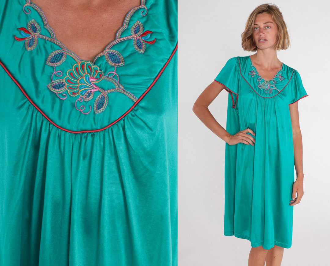 80s Nightgown Shiny Green Nightie Floral Embroidered Pajamas Lingerie ...