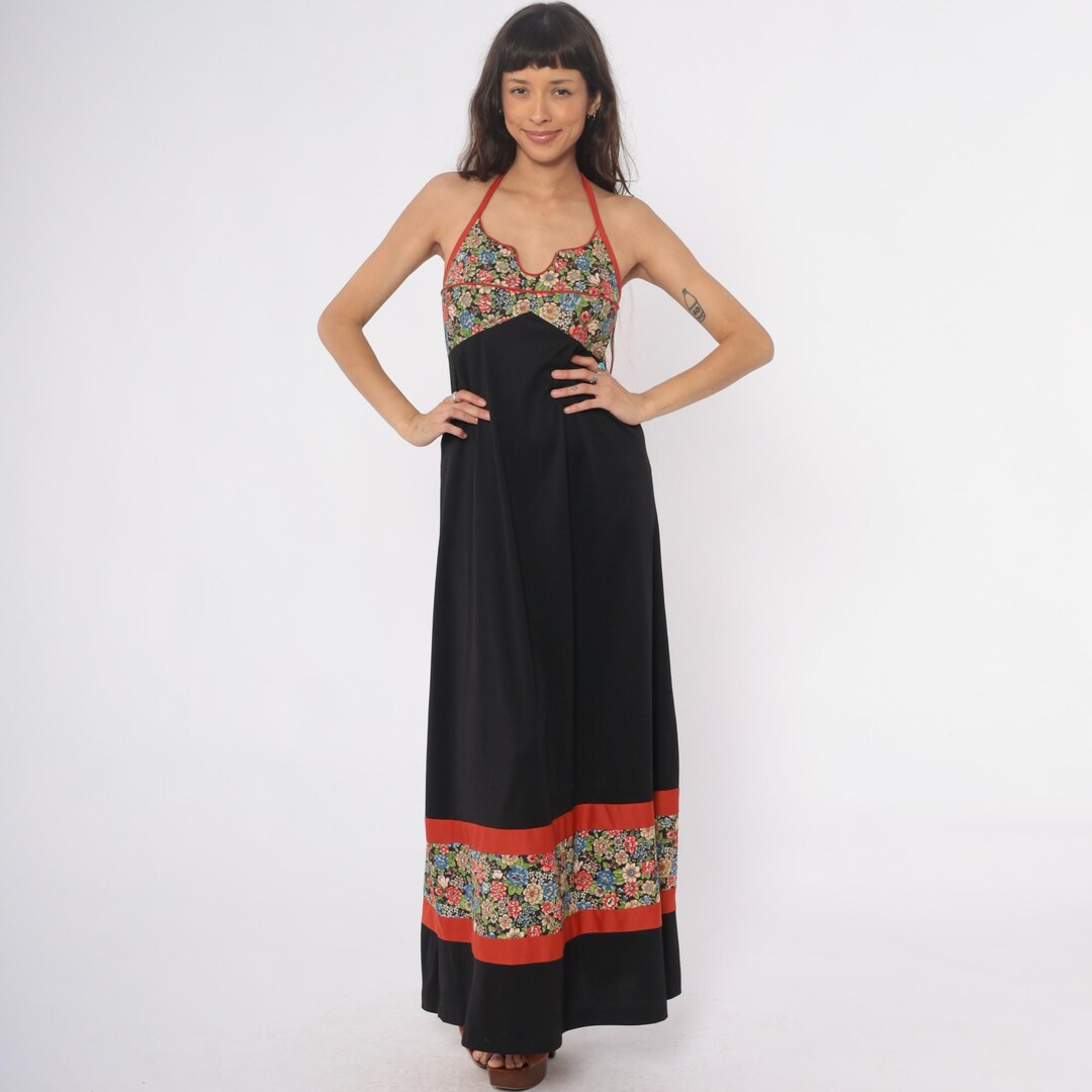 70s Disco Maxi Dress Black Floral Print Halter V Neck Empire Waist ...