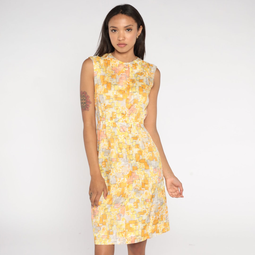 60s Mini Dress Yellow Orange Geometric Print Button up Mod High Waisted ...