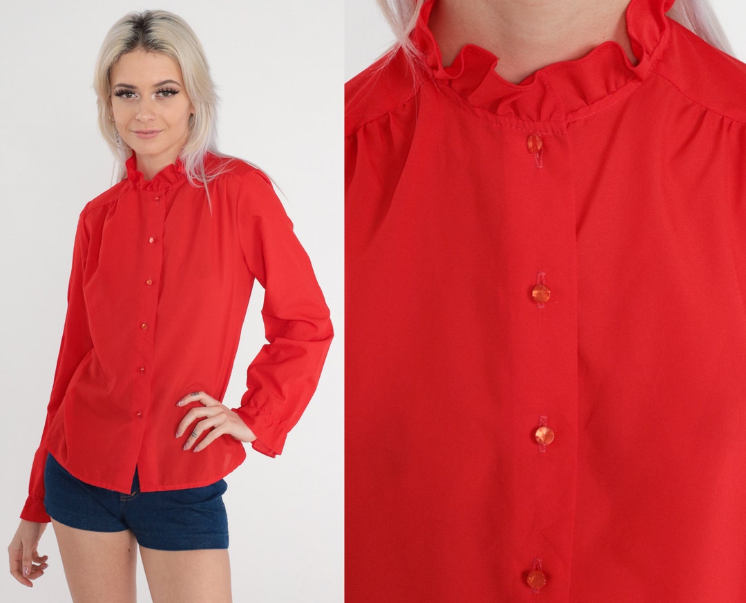 Red Ruffle Blouse 80s Semi-sheer Button up Shirt High Neck Top Ruffled ...
