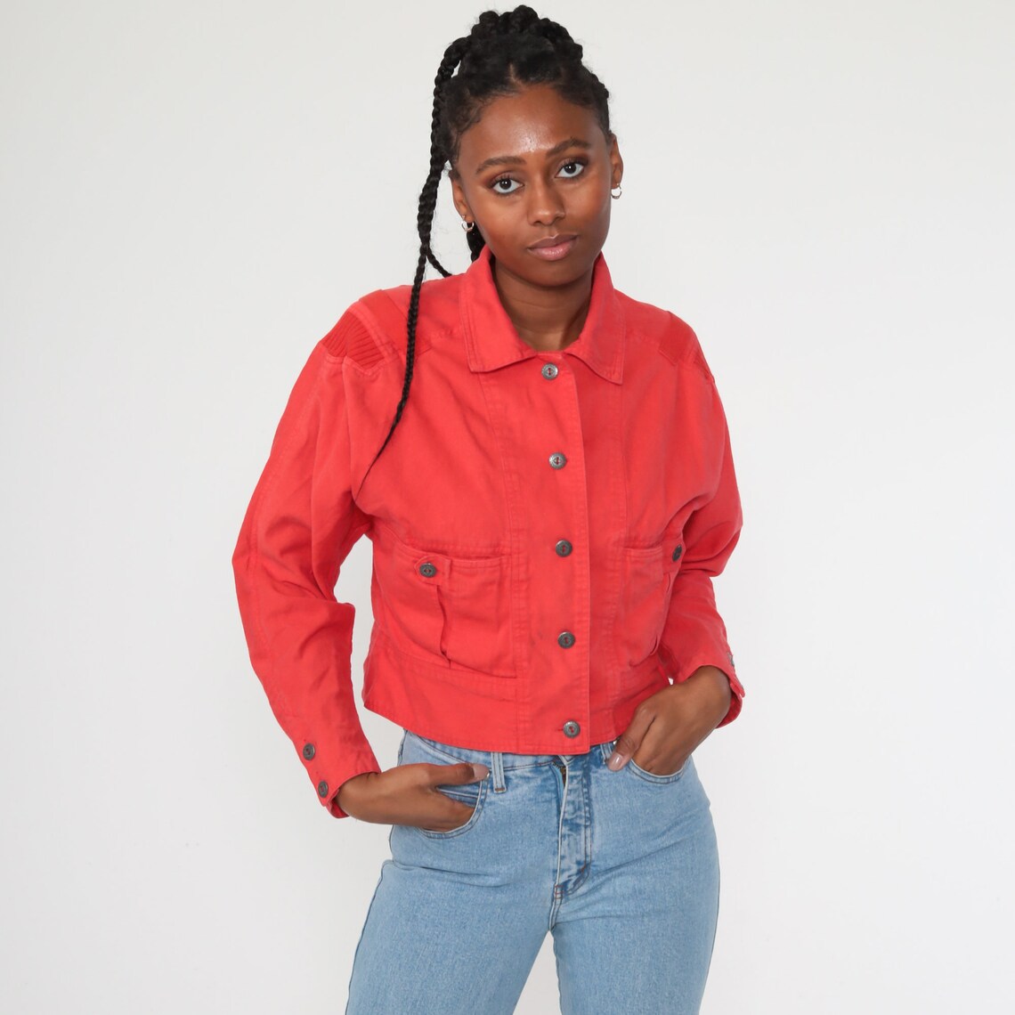 Bright Red Jacket 90s Cropped Jacket Button Up Shirt Cargo | Etsy