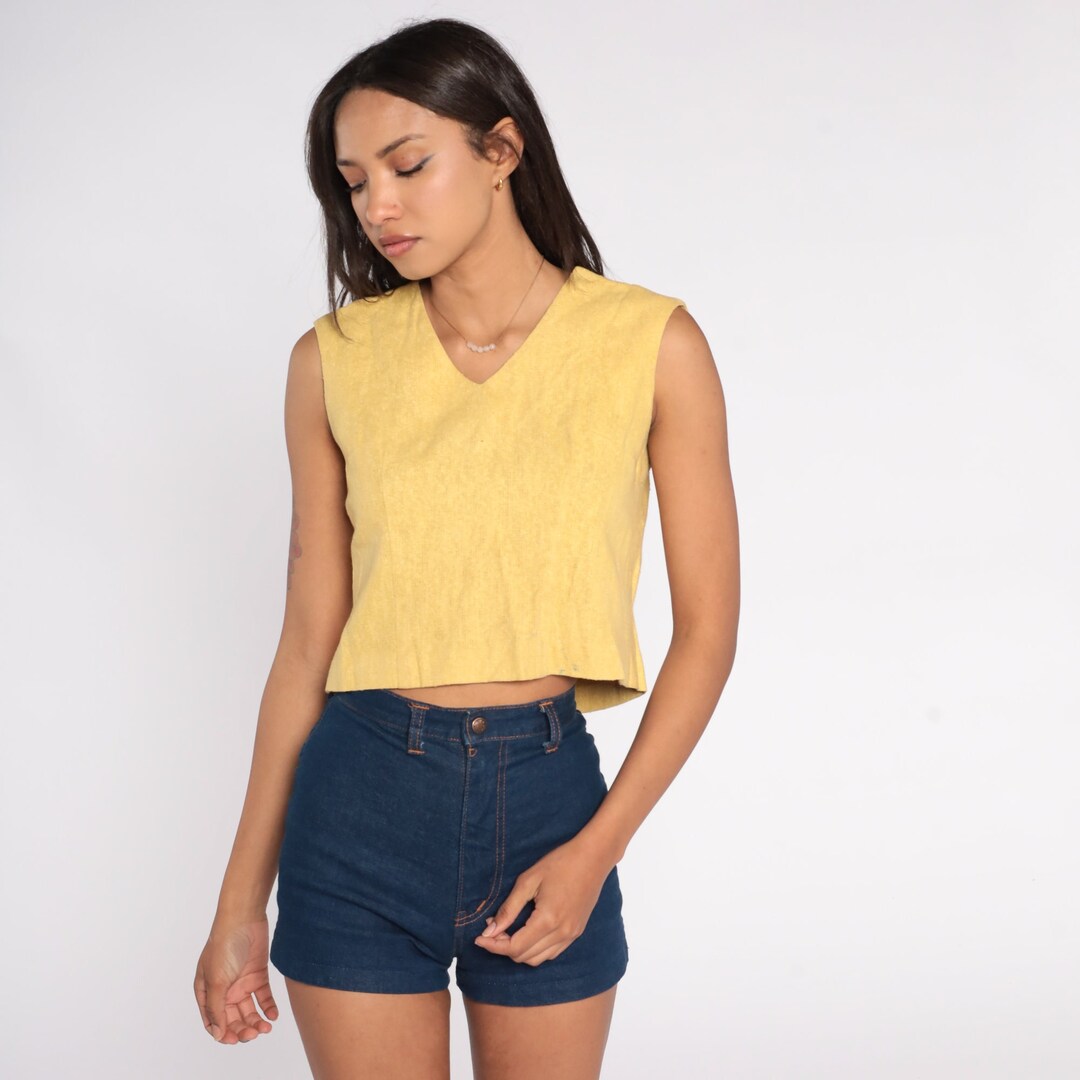 60s Crop Top Yellow Linen Blend Tank Top Mod Blouse Retro Sleeveless ...