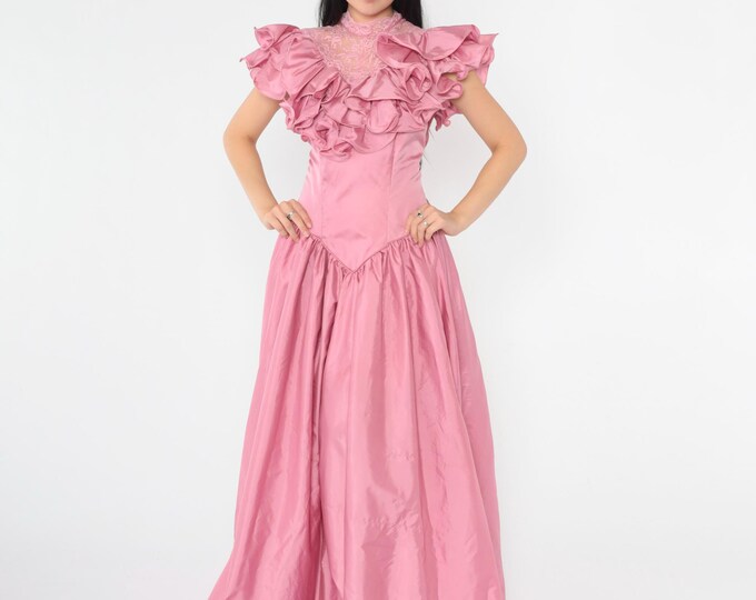 Vintage 80s Pink Victorian Prom Dress Lace Ruffle High Neck Satin ...