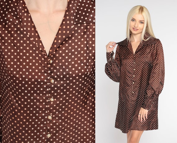 70s Shirtdress Brown Polka Dot Mini Dress Mod Button … - Gem