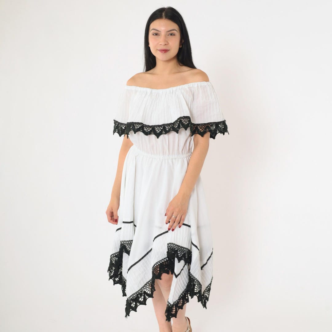 Vintage White Peasant Dress 80s Boho Midi Mexican Dress off Shoulder ...