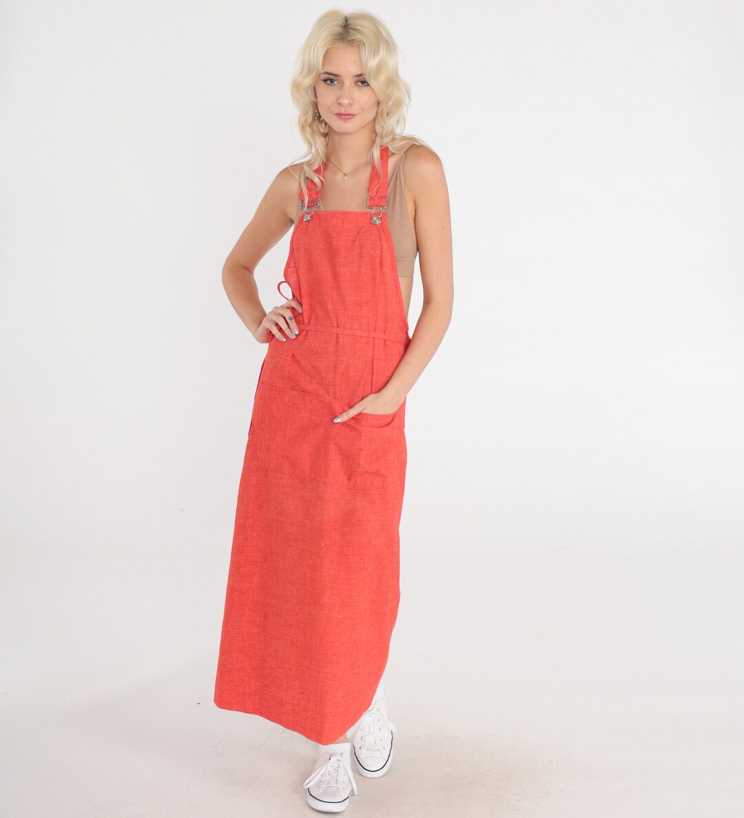 70s Apron Dress Orange Maxi Wrap Overall Dress Open Back Low Armhole ...