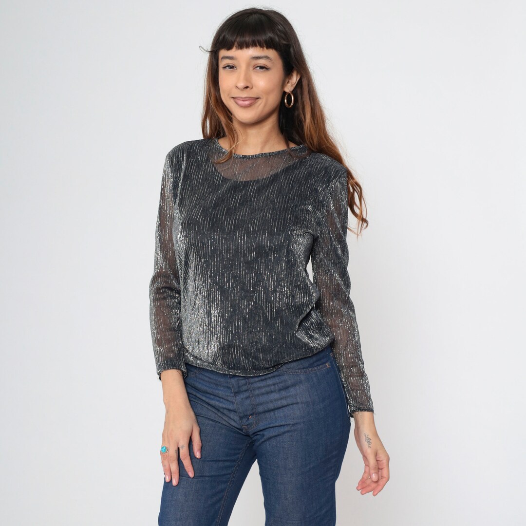 Vintage 90s Sheer Metallic Blouse Black Silver Striped Shirt Long ...