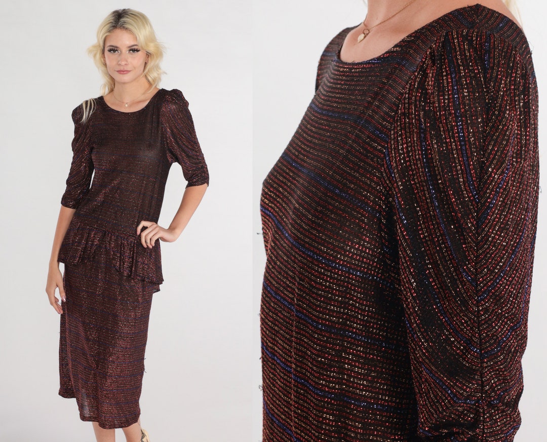 70s Disco Dress Metallic Party Dress Semi-sheer Sparkly Peplum Cocktail ...