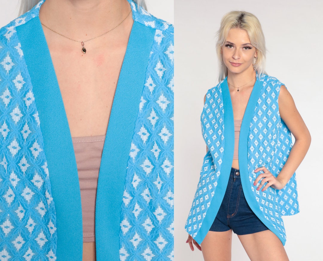 70s Hippie Vest Mod Blue White Long Sleeveless Jacket 70s Boho Twiggy ...