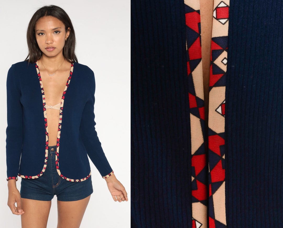 70s Navy Jacket Retro Dark Blue Open Front Boho Hippie Top Geometric Trim Wrap Jacket Bohemian ...
