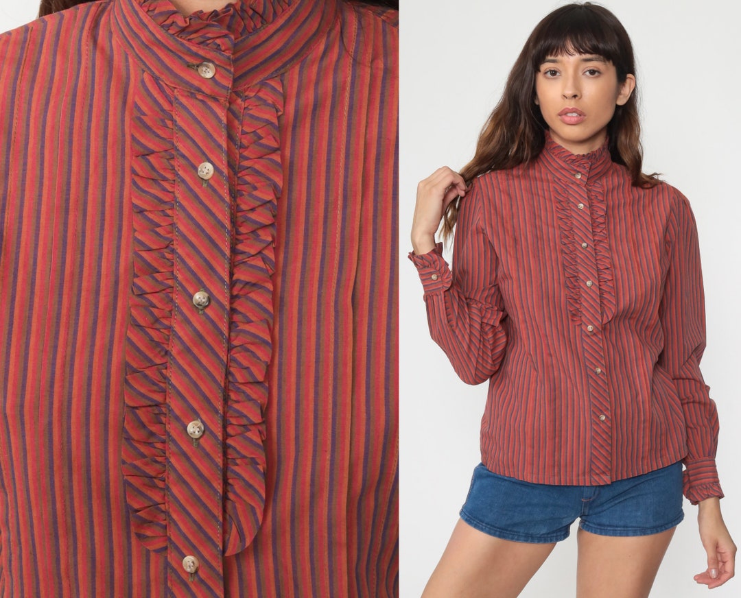 PUFF Sleeve Blouse 80s Ruffle Shirt Orange Red Striped Tuxedo Shirt ...