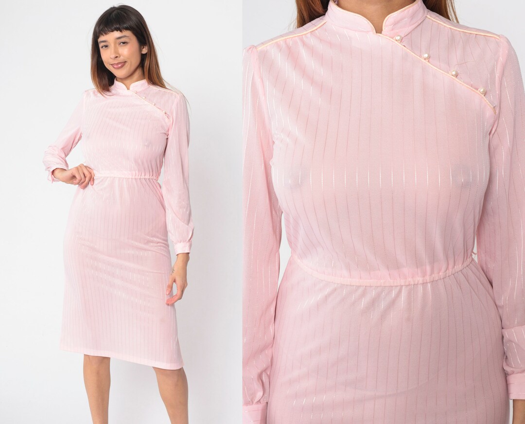 70s Mandarin Collar Dress Baby Pink Striped Midi Dress Semi-sheer ...