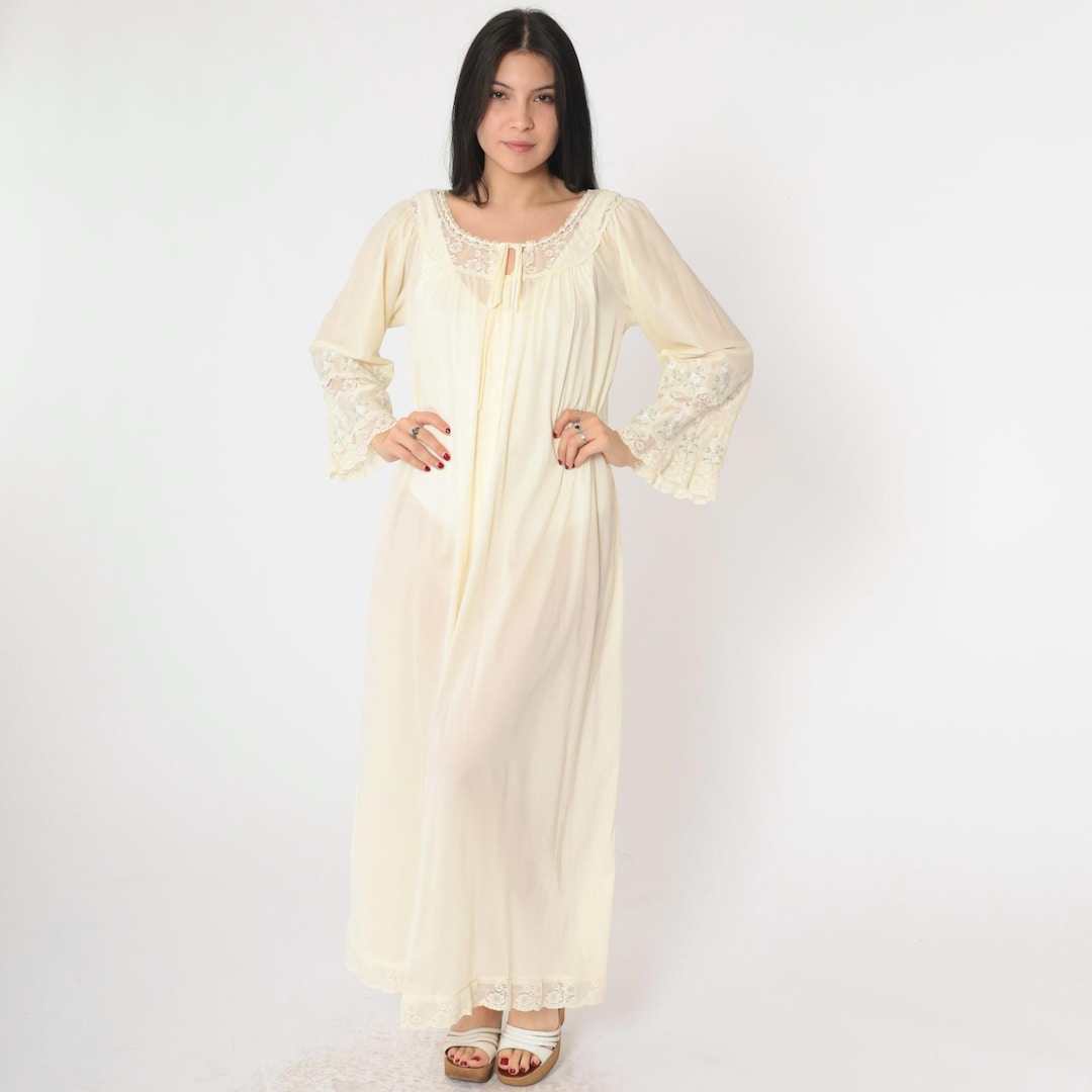 70s Lace Nightgown Yellow Sleep Dress Floral Embroidered Maxi Nightie ...