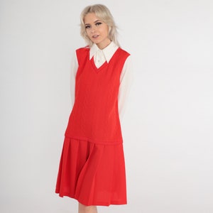 Pleated Mod Dress Red 60s 70s Scooter Dress Cable Knit Vest Nerdy Shift ...