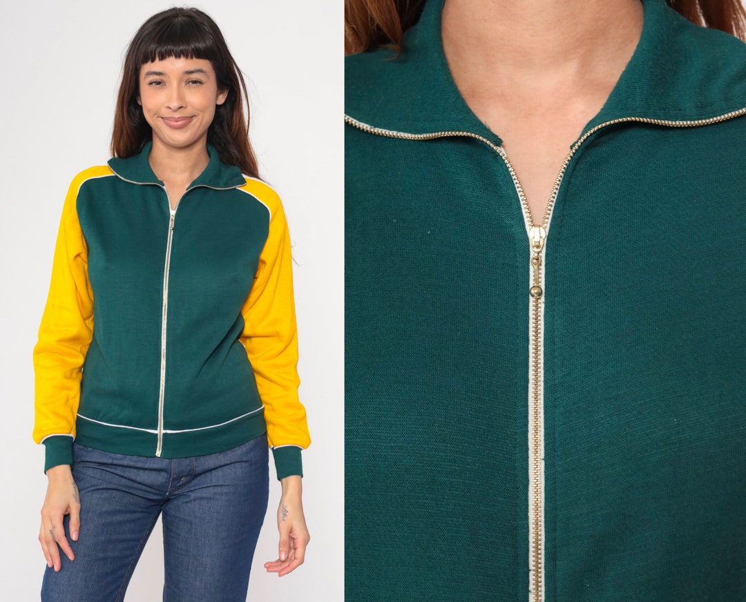 70s Track Jacket Green Yellow Color Block Jacket Zip up Raglan Sleeve ...