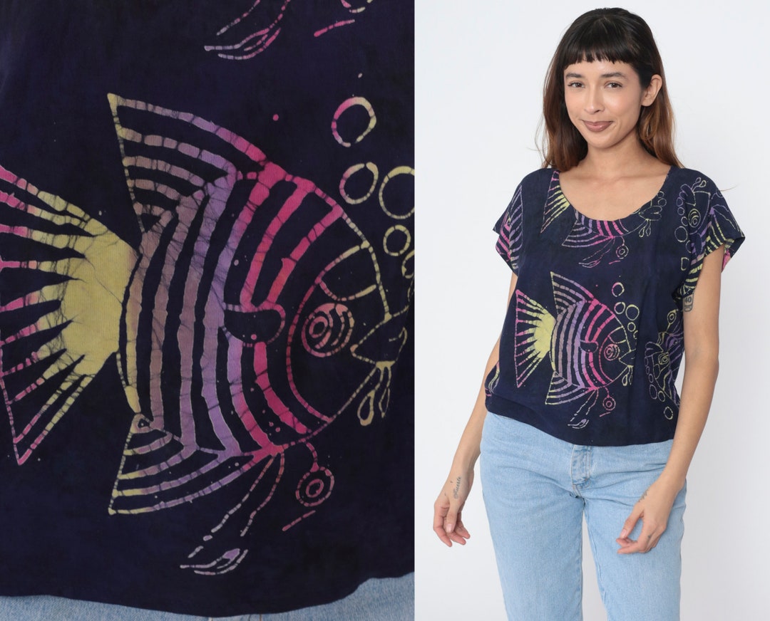 Batik Fish Shirt Y2k Dark Blue Beach Pattern Top Under the Sea Graphic ...