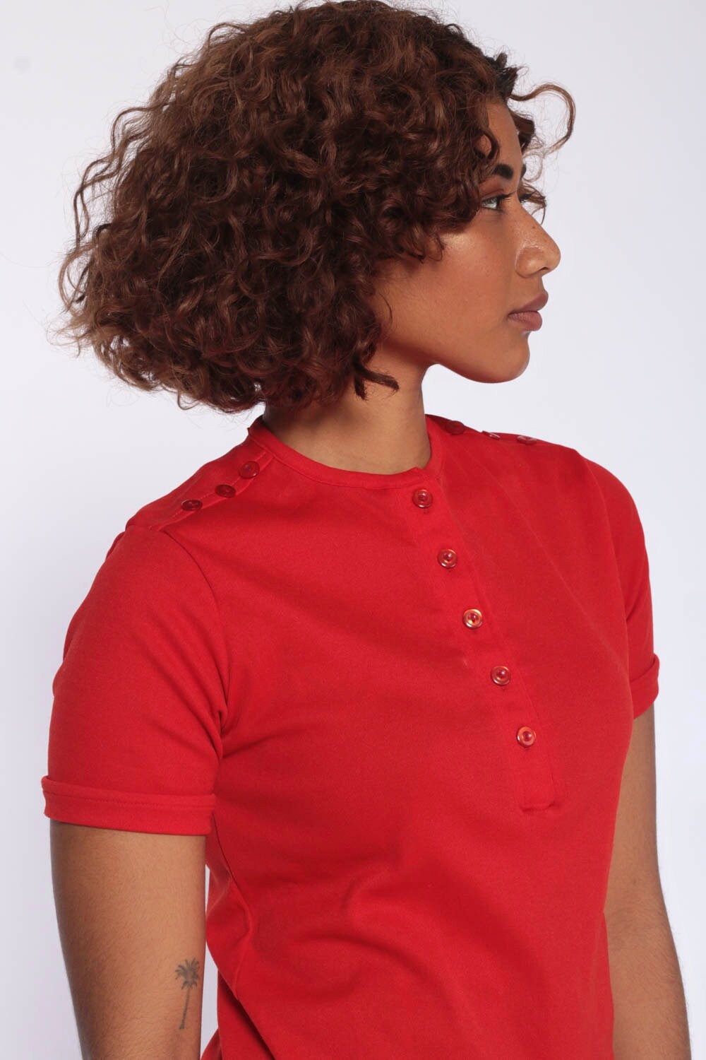 Half sleeve red button down shirt for women - mhker