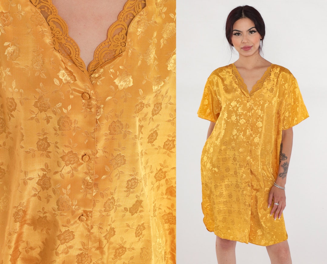 Yellow Satin Nightie 90s Floral Embossed Pajama Dress Shiny Button up ...