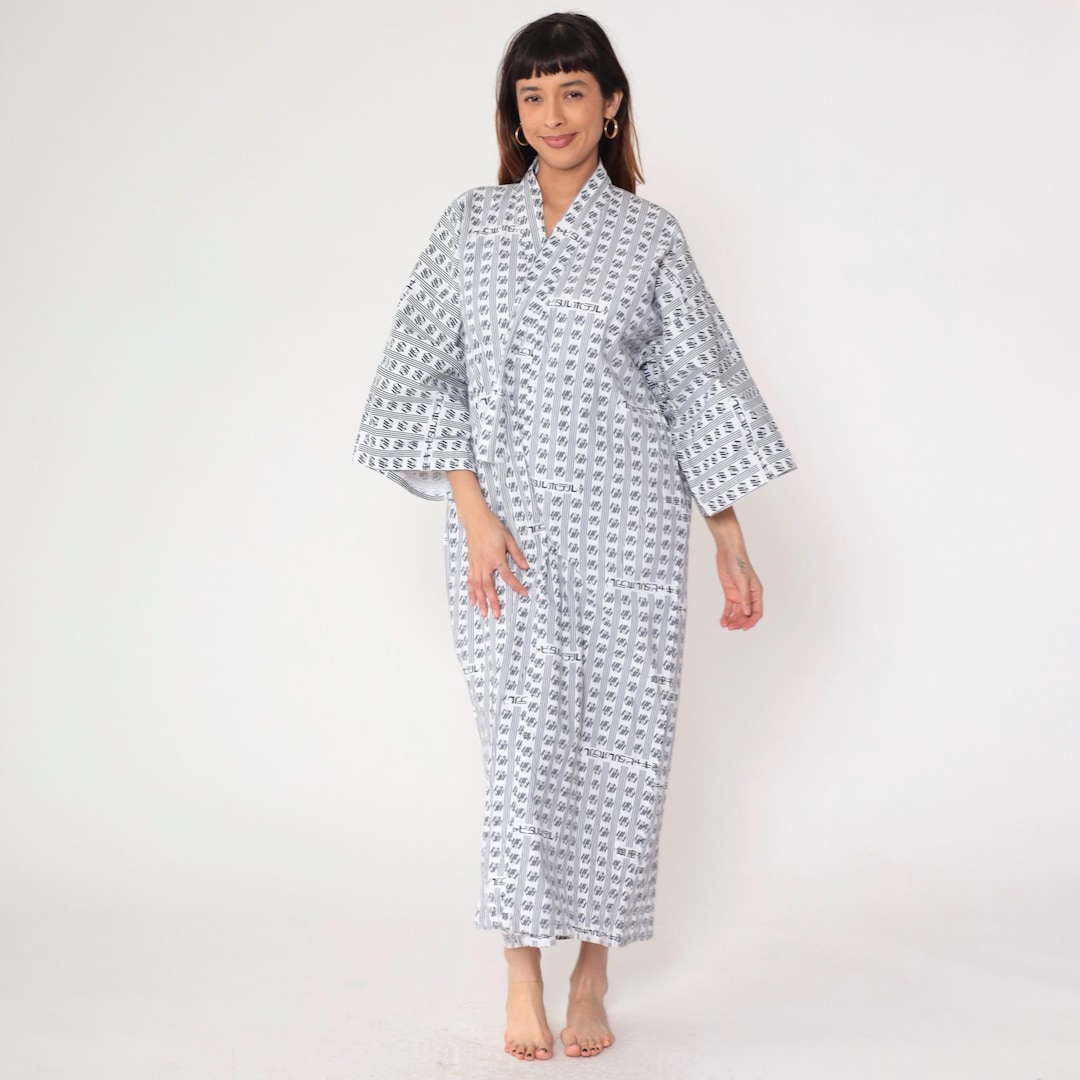 Vintage Yukata Robe 80s Japanese Kimono Dressing Gown Hotel Print ...