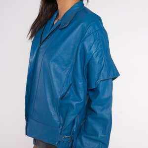 Blue Leather Jacket 90s Sleek Moto Jacket Layered Sleeve Biker ...