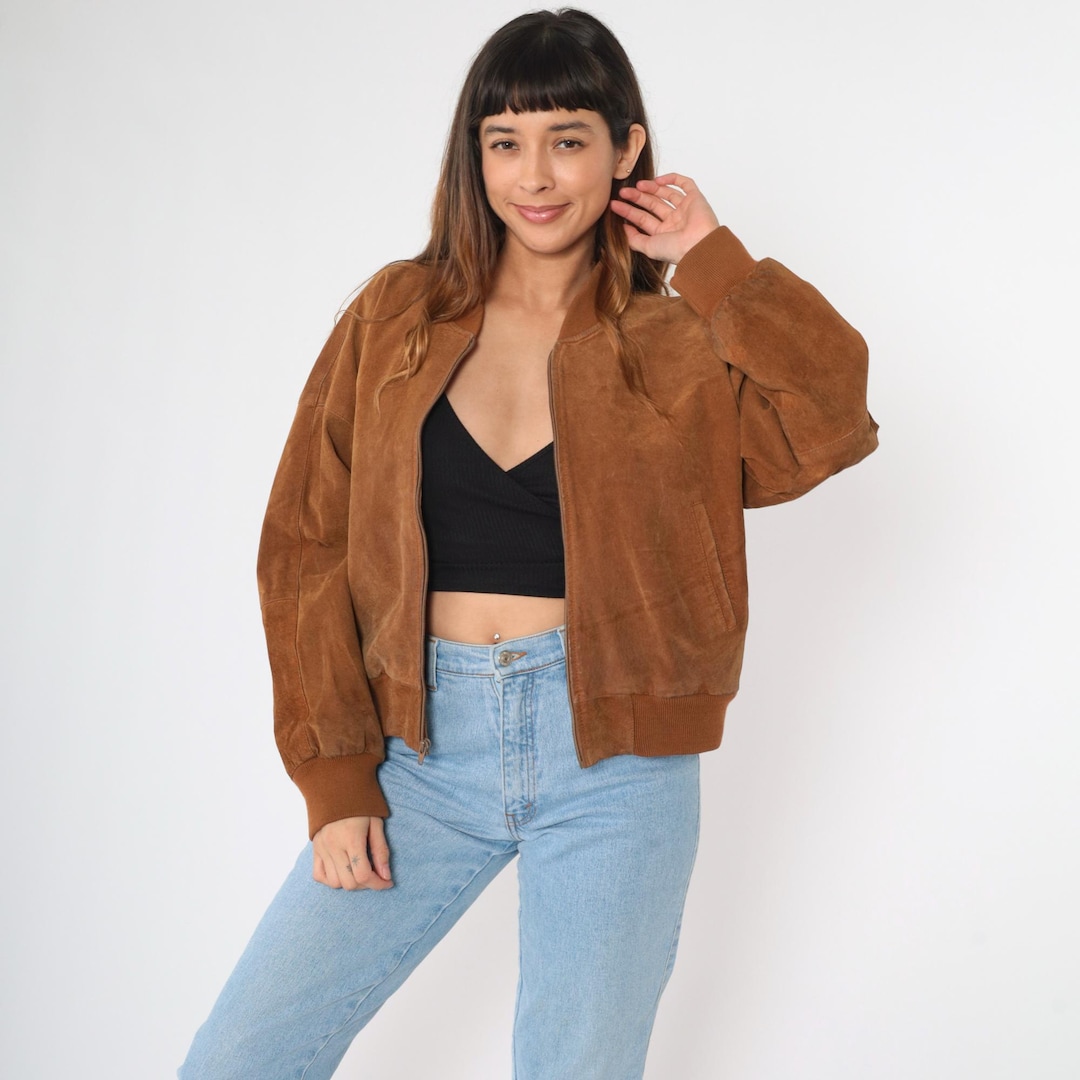 Vintage Pig Suede Jacket 80s Brown Leather Bomber Jacket Retro Zip up ...