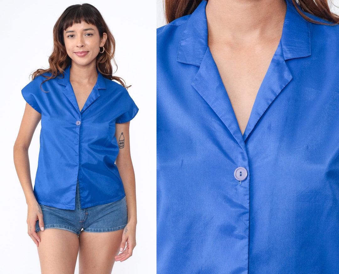 Shiny Blue Shirt 80s Button Up Shirt Cap Sleeve Blouse Vintage Retro ...