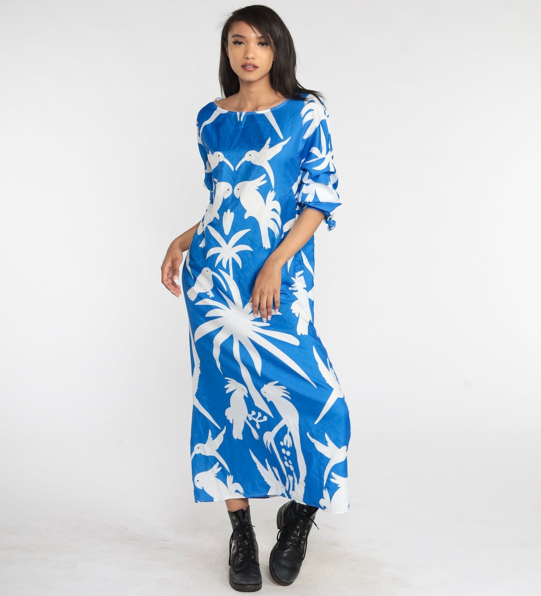 Bird Print Dress 80s Blue Tropical Maxi Dress Boho Cockatoo Palm Tree ...