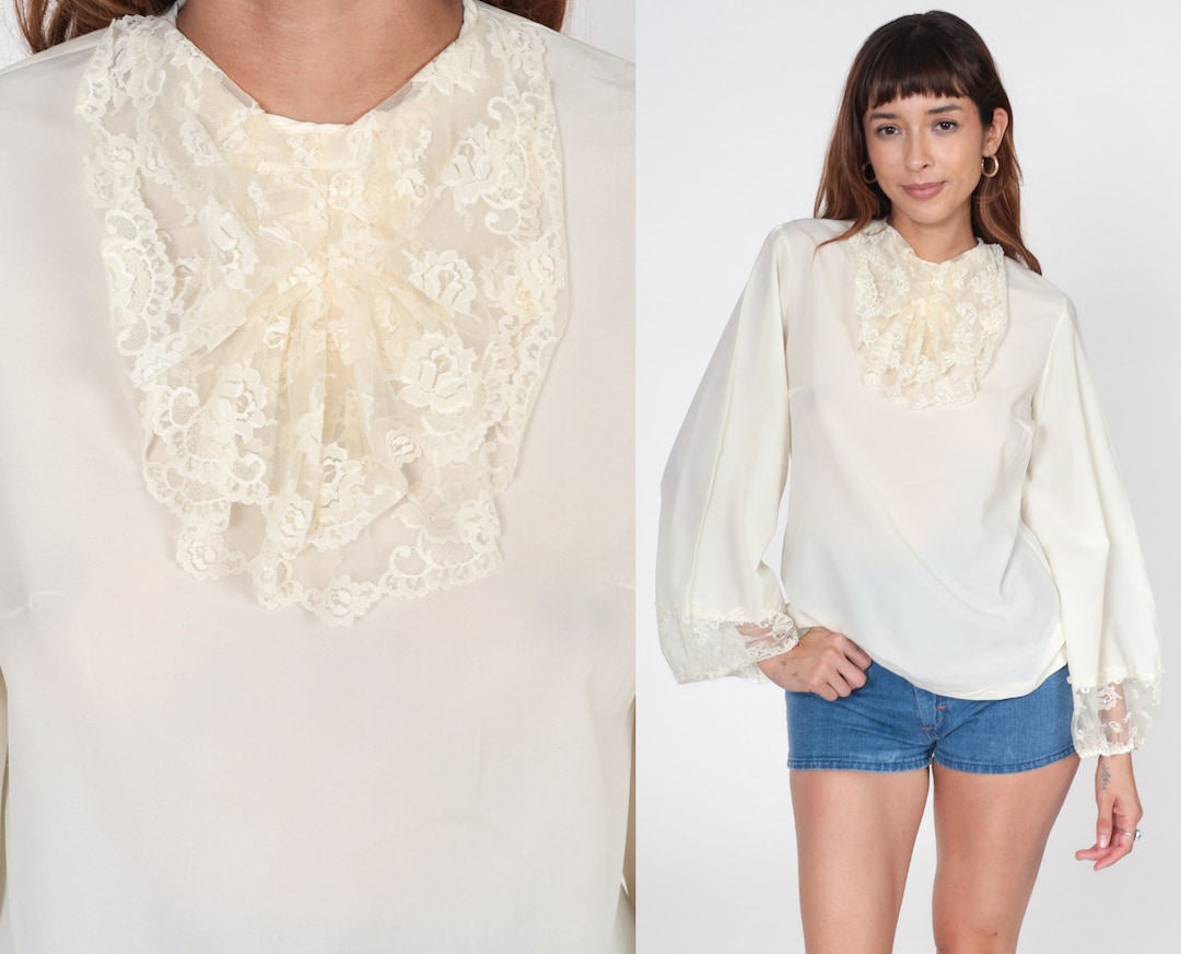 70s Ruffle Blouse Off-white Victorian Lace Shirt Tuxedo Shirt Boho ...