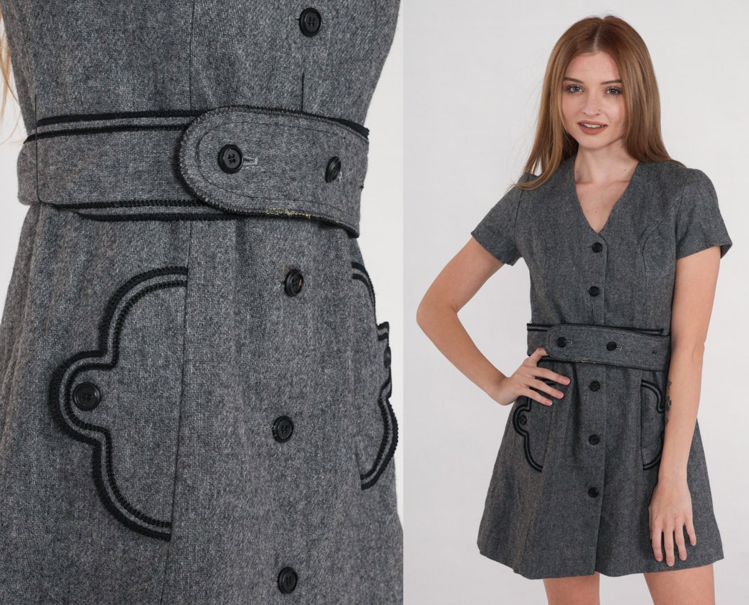 Grey Wool Dress 60s Mod Mini Dress Retro Button up Twiggy Belt A Line ...