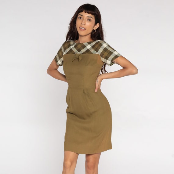 Plaid Wiggle Dress 1950s Dress Brown Mini Mad Men 50s… - Gem