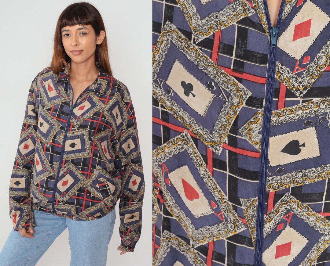 Playing Card Jacket 90s Silk Bomber Zip up Windbreaker Checkered Poker ...