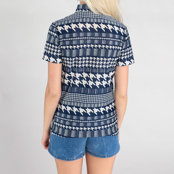 Checkered Polo Shirt 70s Collared Shirt Navy Blue Hou… - Gem