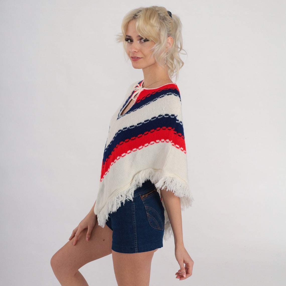70s Striped Poncho Knit Hippie Poncho Fringe Shall Cape Blanket White ...