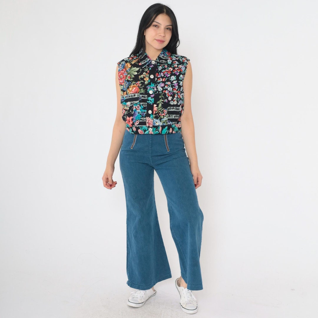 Vintage 90s Patchwork Crop Top Floral Cropped Black Vest Button up Tank ...