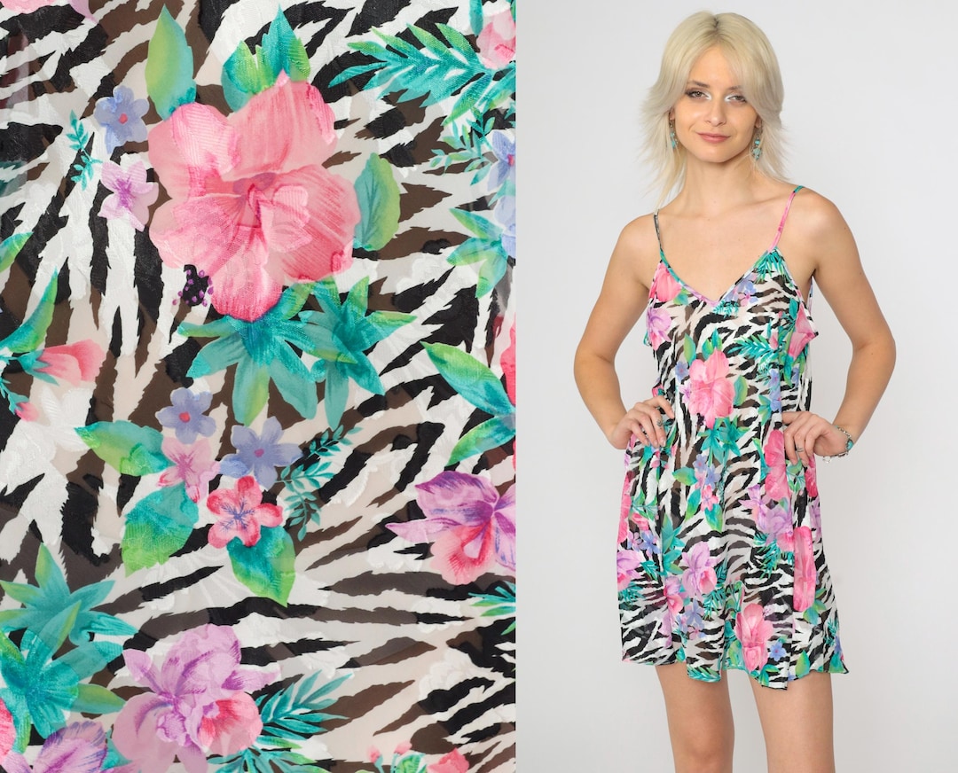 90s Floral Slip Dress Tropical Zebra Print Lingerie Mini Dress Semi ...