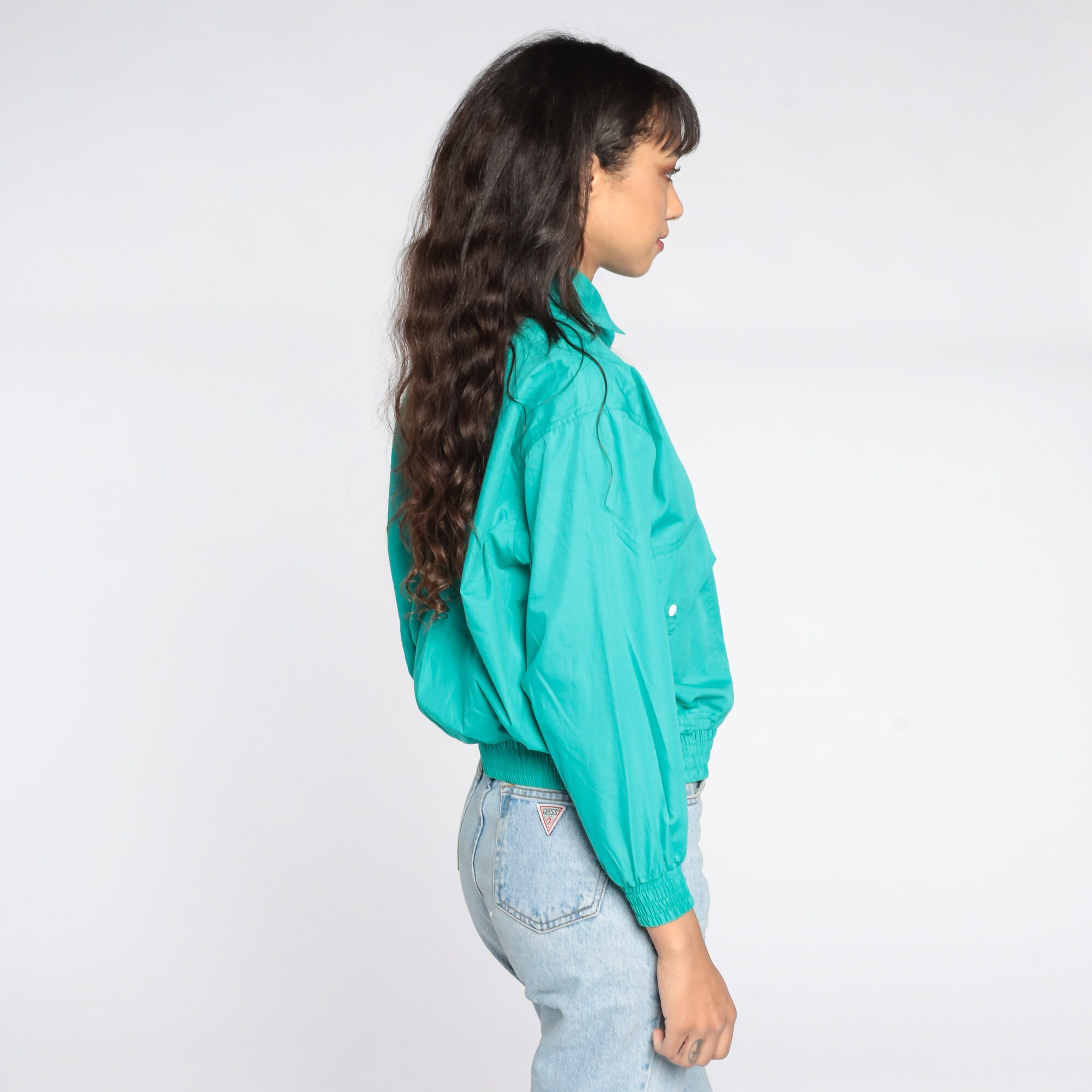 80s Bomber Jacket Turquoise Green Jacket Shirt Button up Cargo - Etsy