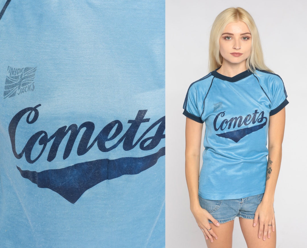 Kansas City Comets Shirt 80s Soccer Jersey Blue Raglan Sleeve Tee Retro Union Jacks Graphic ...