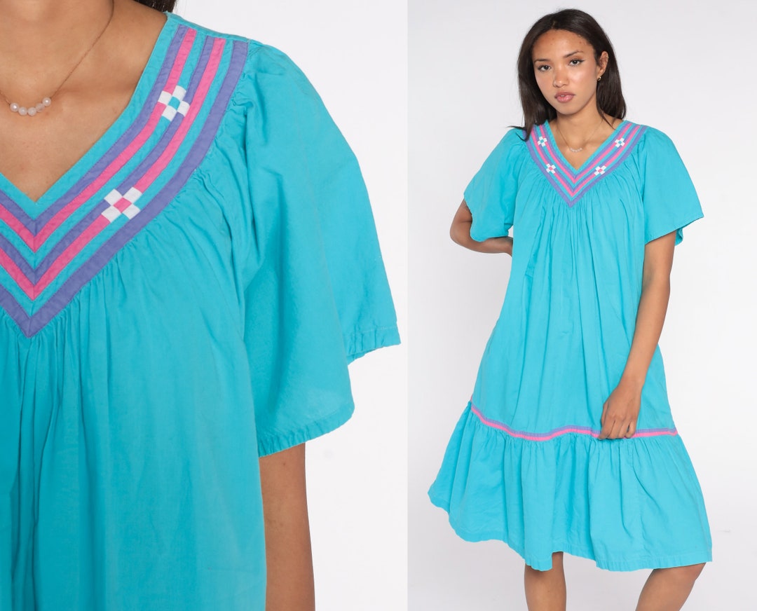 Turquoise Blue Tent Dress 90s Cotton Midi Dress Pink Purple Trim ...