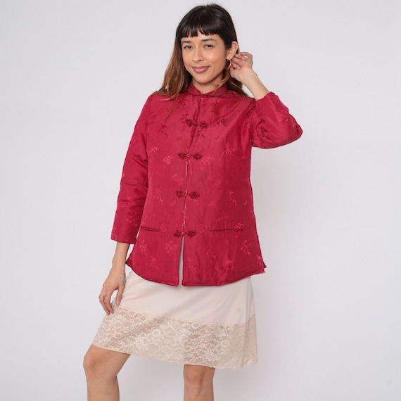 Asian Inspired Jacket 80s Red Floral Chinese Knot But… - Gem
