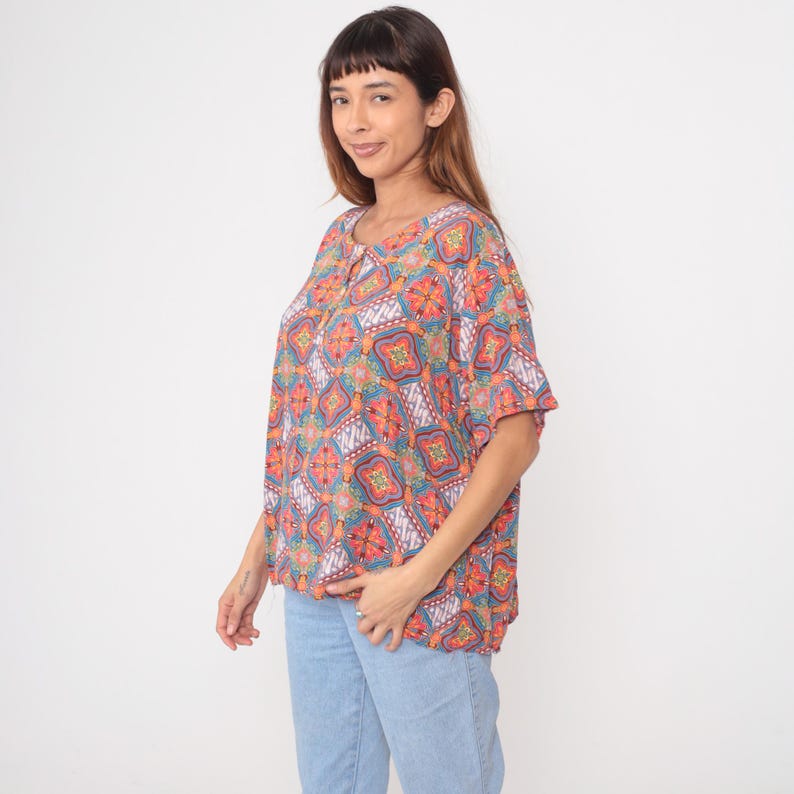 Blusa floral Y2K con estampado de mosaico de diamantes, botones ...