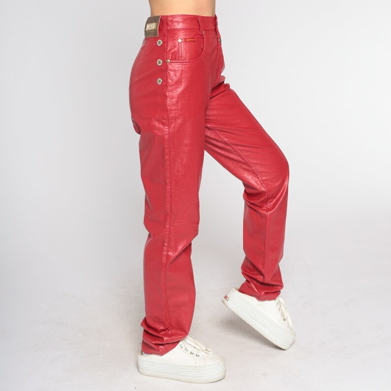 Red Faux Leather Pants 90s High Waisted Pants Fake Vegan Leather Biker ...