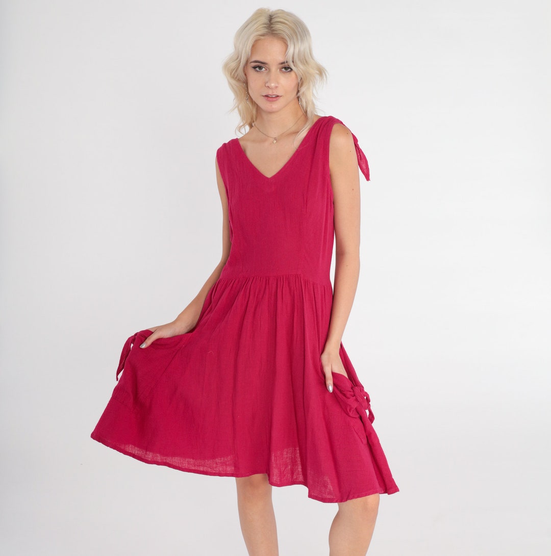 Berry Red Sundress 80s Mini Dress Sleeveless High Waisted V Neck Summer ...