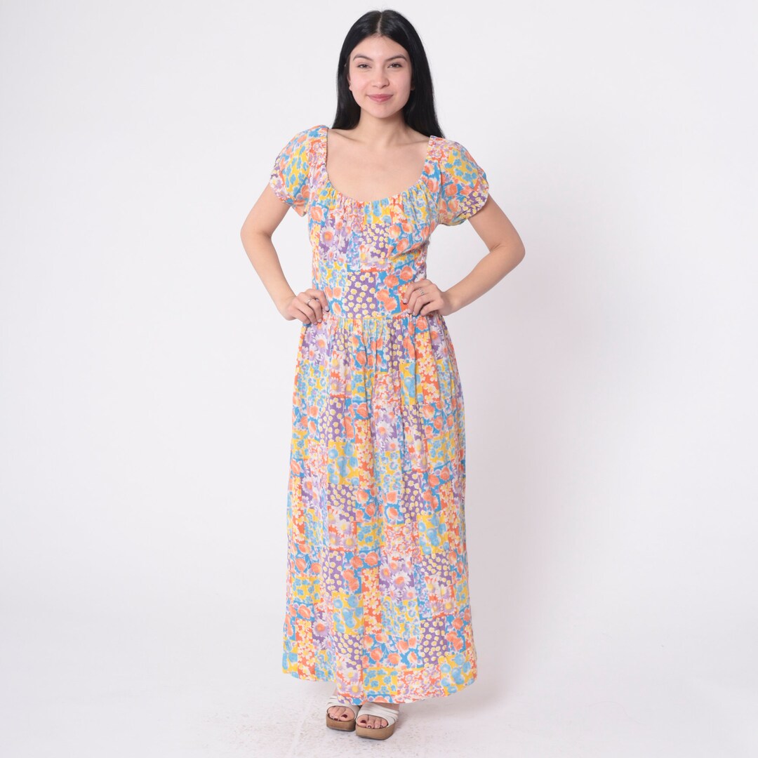 Patchwork Floral Dress 70s Peasant Sundress Maxi Boho off Shoulder ...