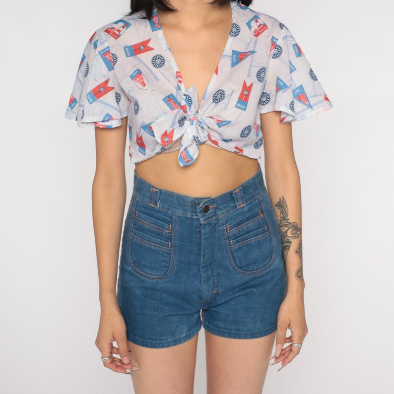 Nautical Crop Top 70s Tie Front Blouse Sailing Print Shirt - Etsy