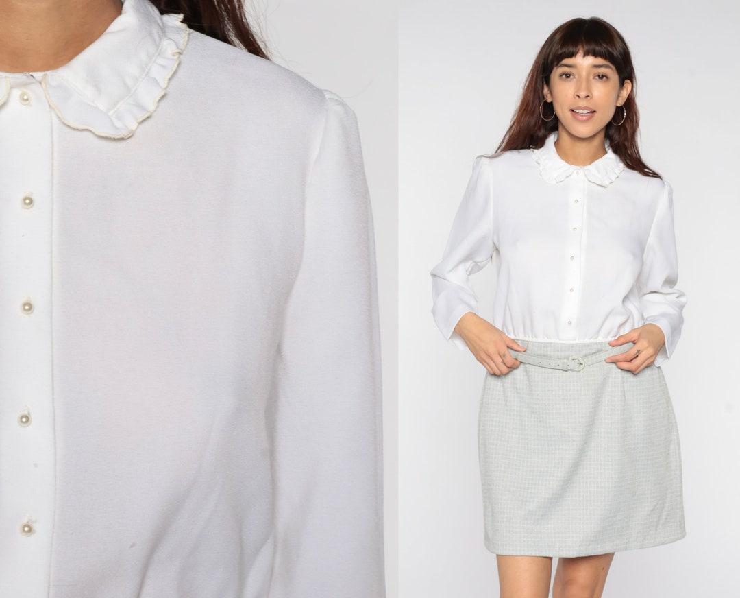 Secretary Mini Dress 80s PUFF Sleeve Dress White Grey Peter Pan Collar ...