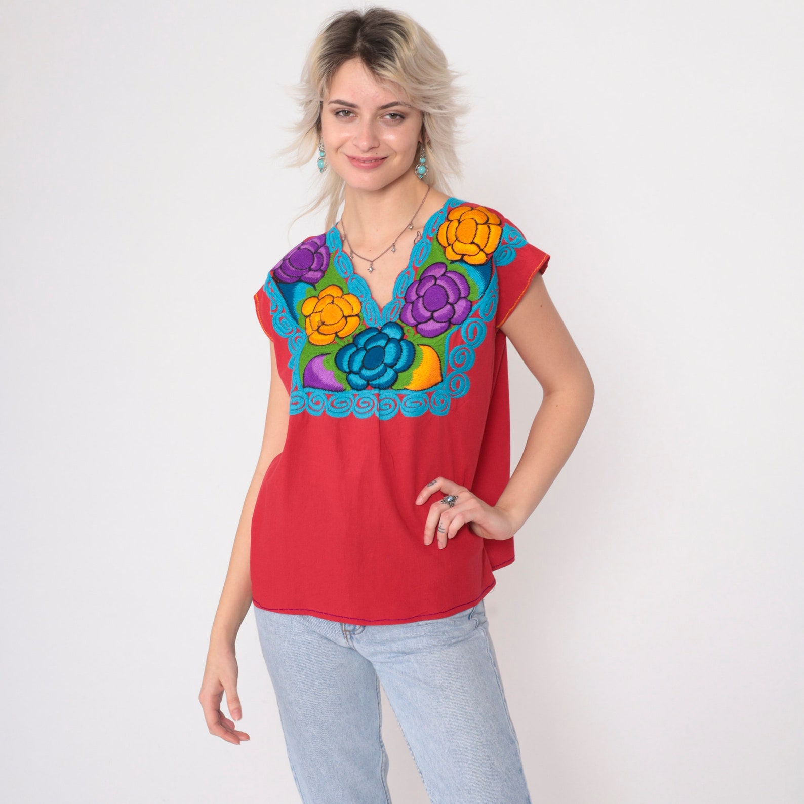 Mexican Embroidered Top 90s Red Floral Blouse Turquoise Peasant Hippie ...