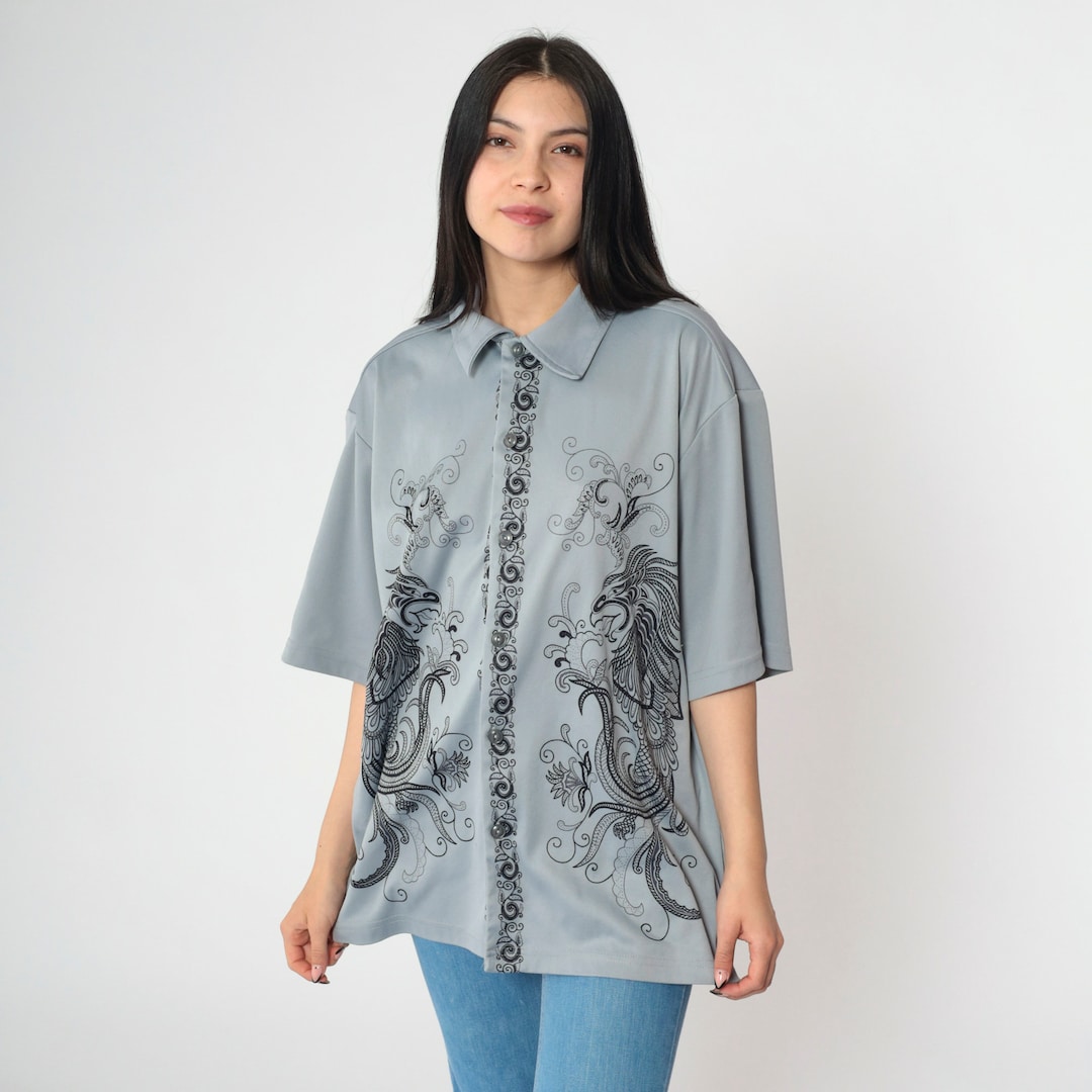Vintage Y2K Dragon Print Shirt Gray Oversized Button-up Short Sleeve ...