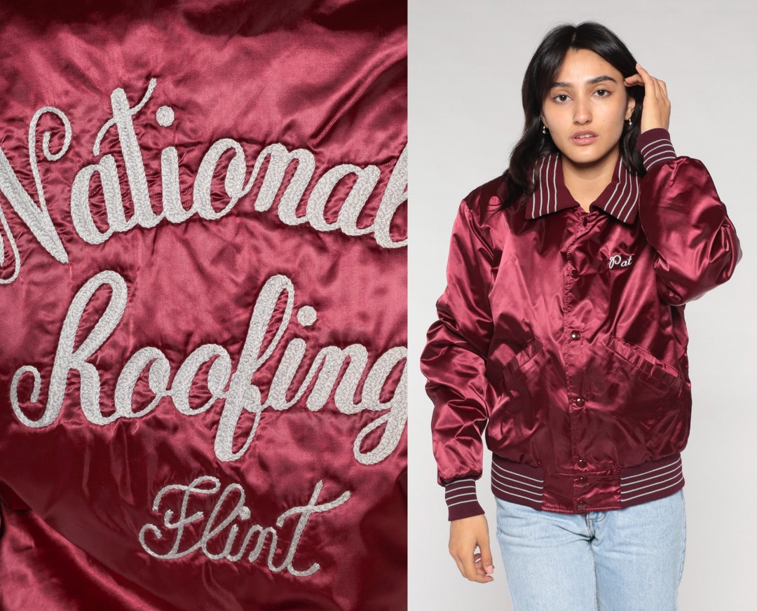 Burgundy Bomber Jacket 80s National Roofing Shiny Uniform Jacket Flint ...