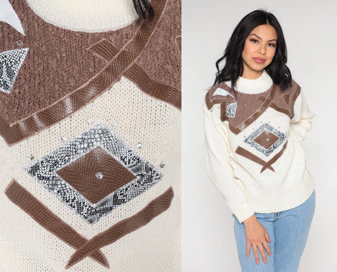 White Rhinestone Sweater 90s Mock Neck Sweater Faux Snakeskin Brown ...