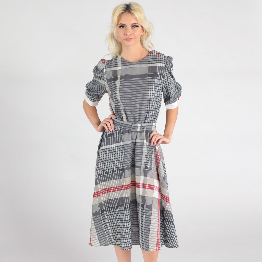 Grey Plaid Dress 80s PUFF Sleeve Midi Puffy Checkered Dress High ...
